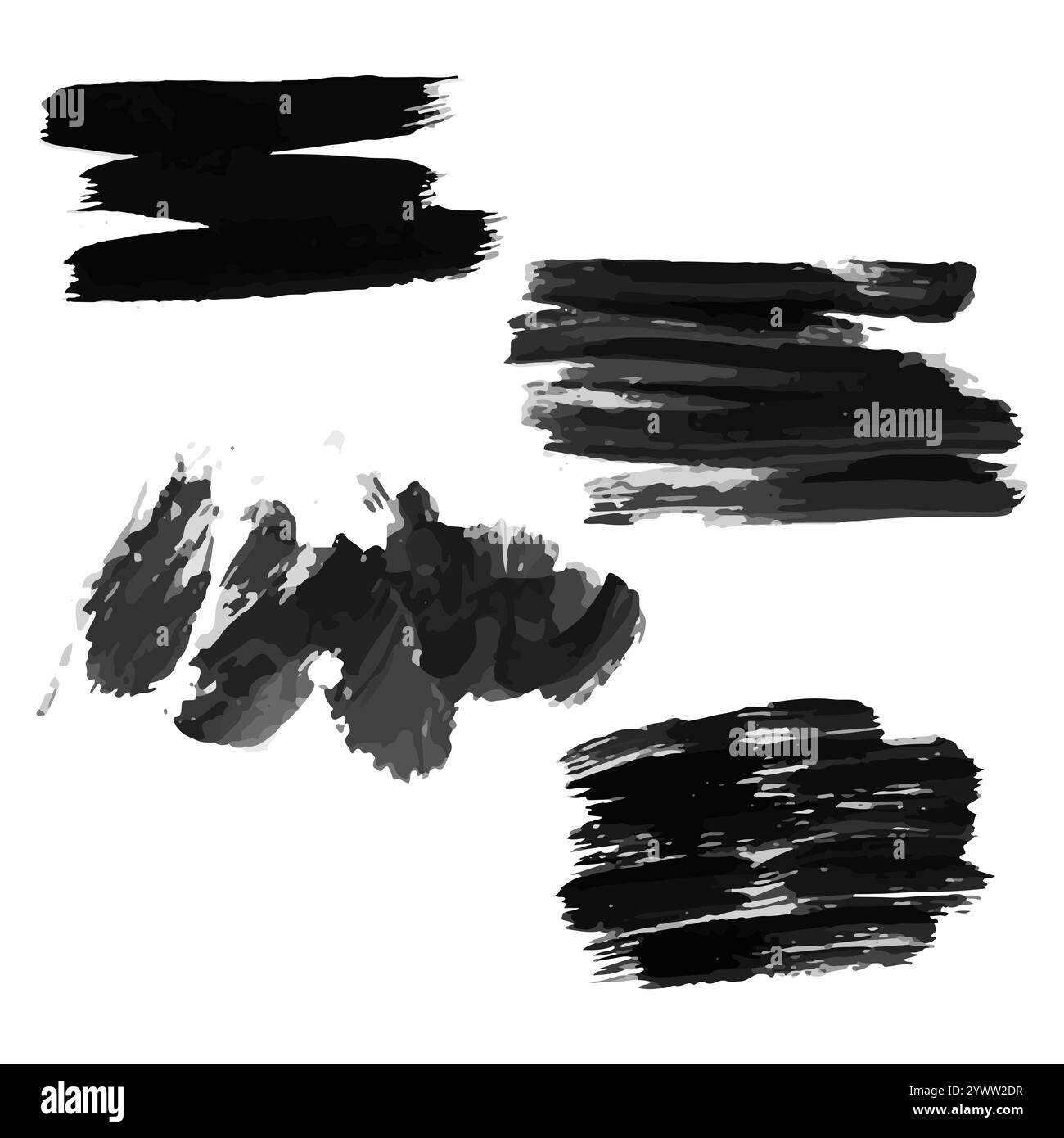 Set of four black hand drawn ink stains. Ink spots isolated on white ...