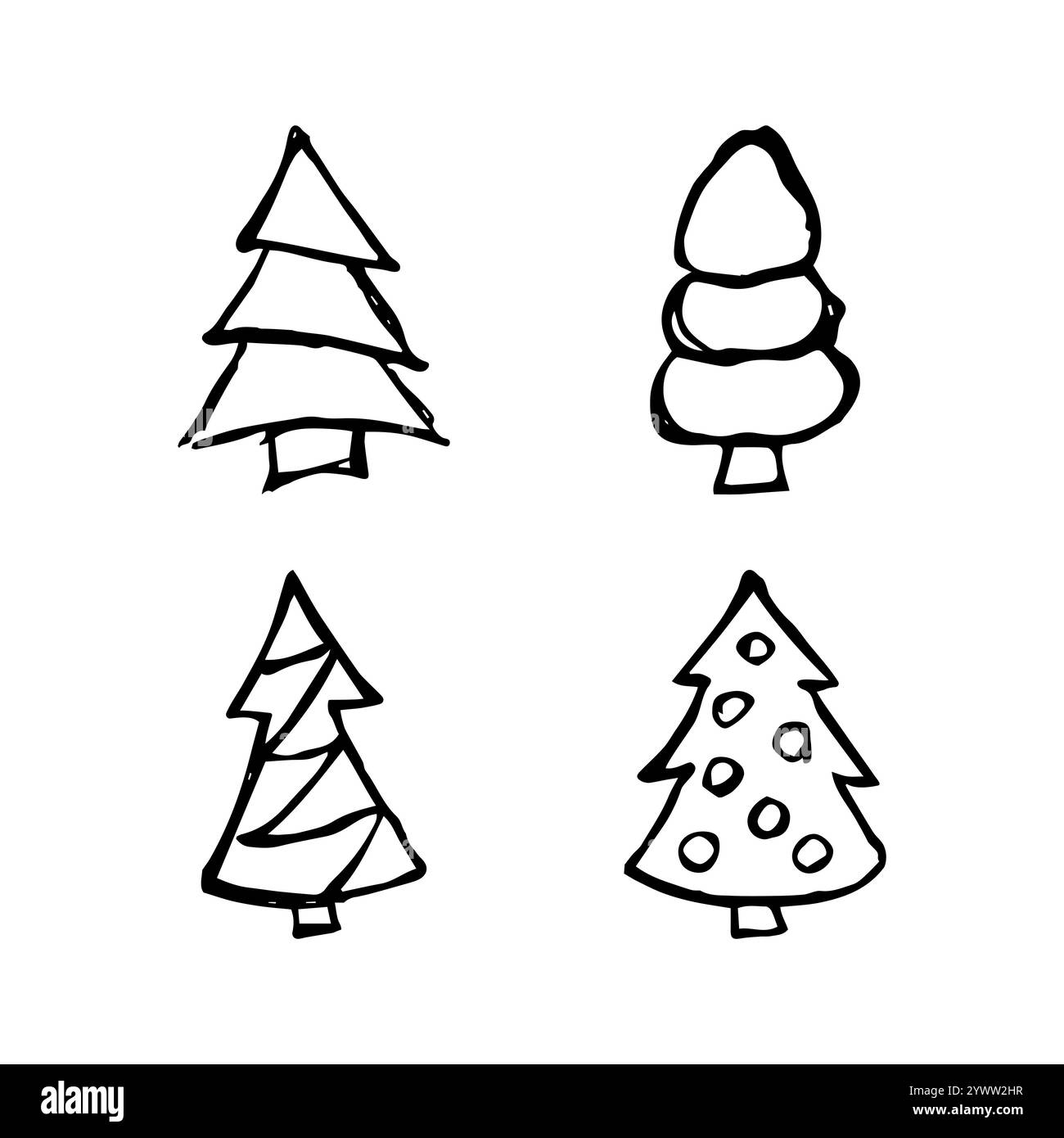 Hand drawn Christmas trees. Set of four monochrome sketched ...