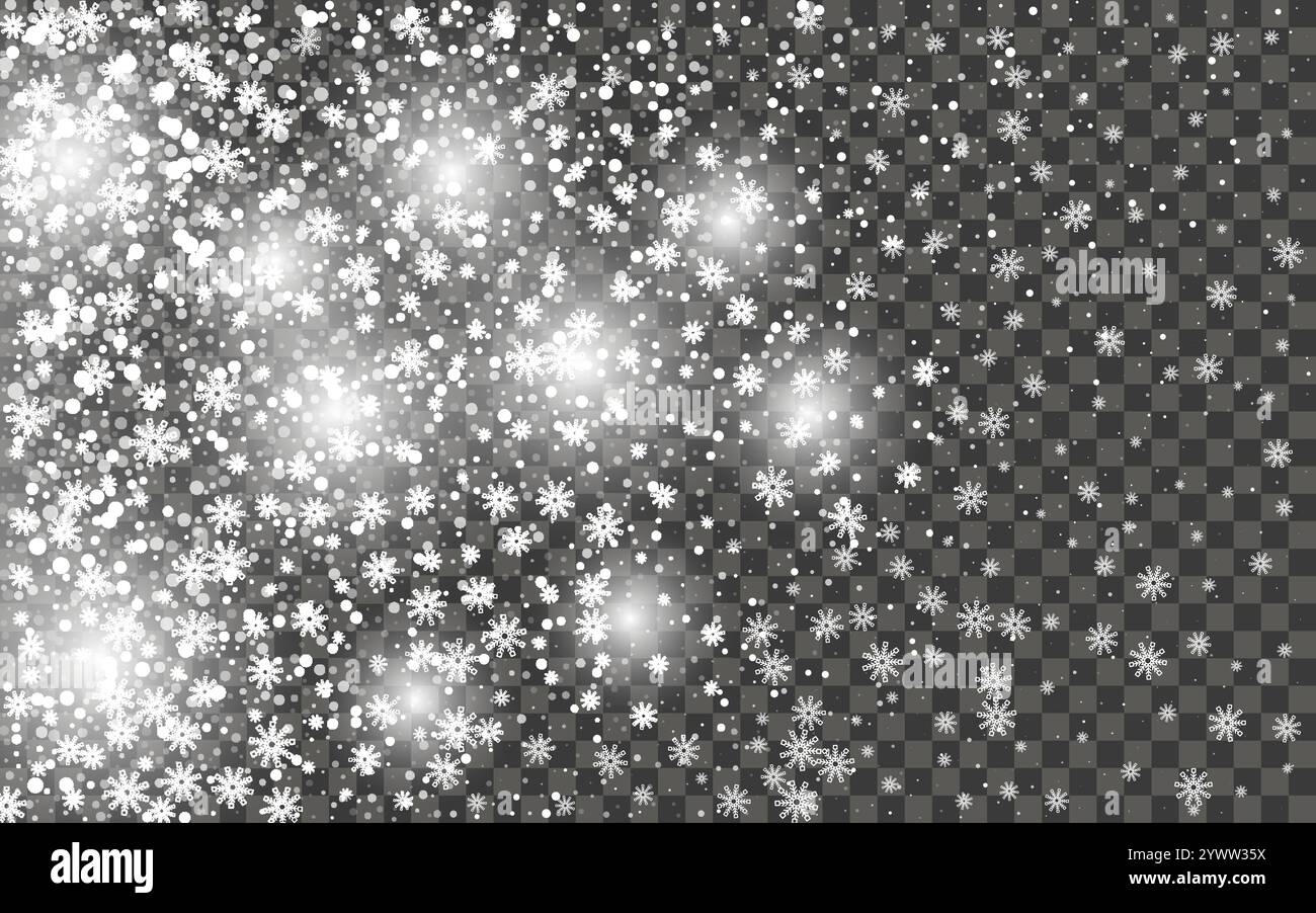 Snowfall and falling snowflakes on dark transparent background. White ...