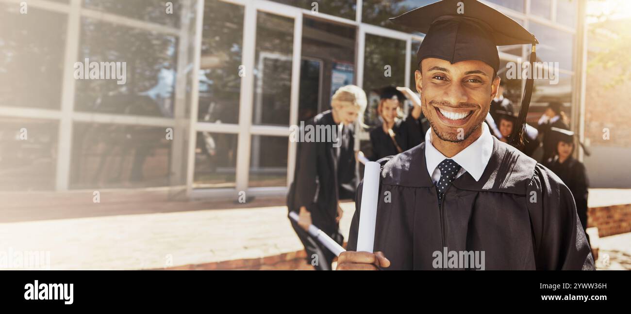 Portrait, happy man and celebrate graduation with certificate for ...