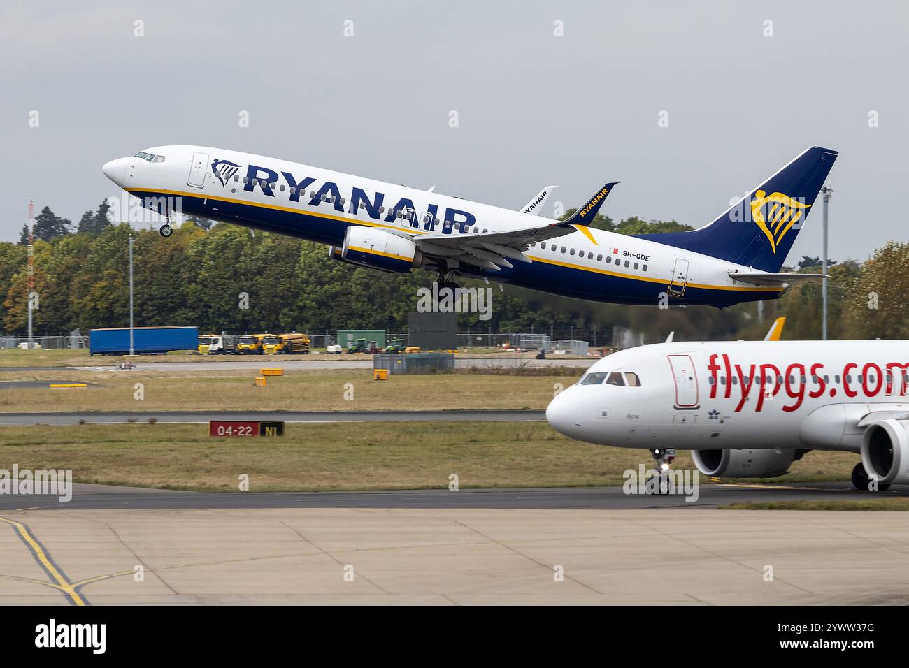 Ryanair Boeing 737 at London Stansted. Aircraft in white and blue ...