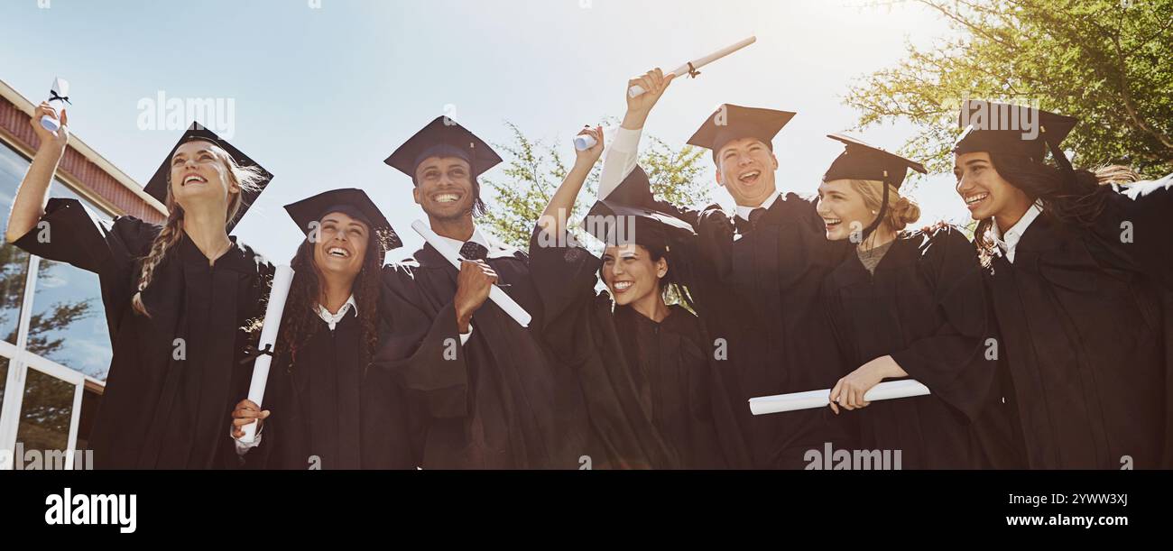 Students, excited or graduation celebration with diploma for ...