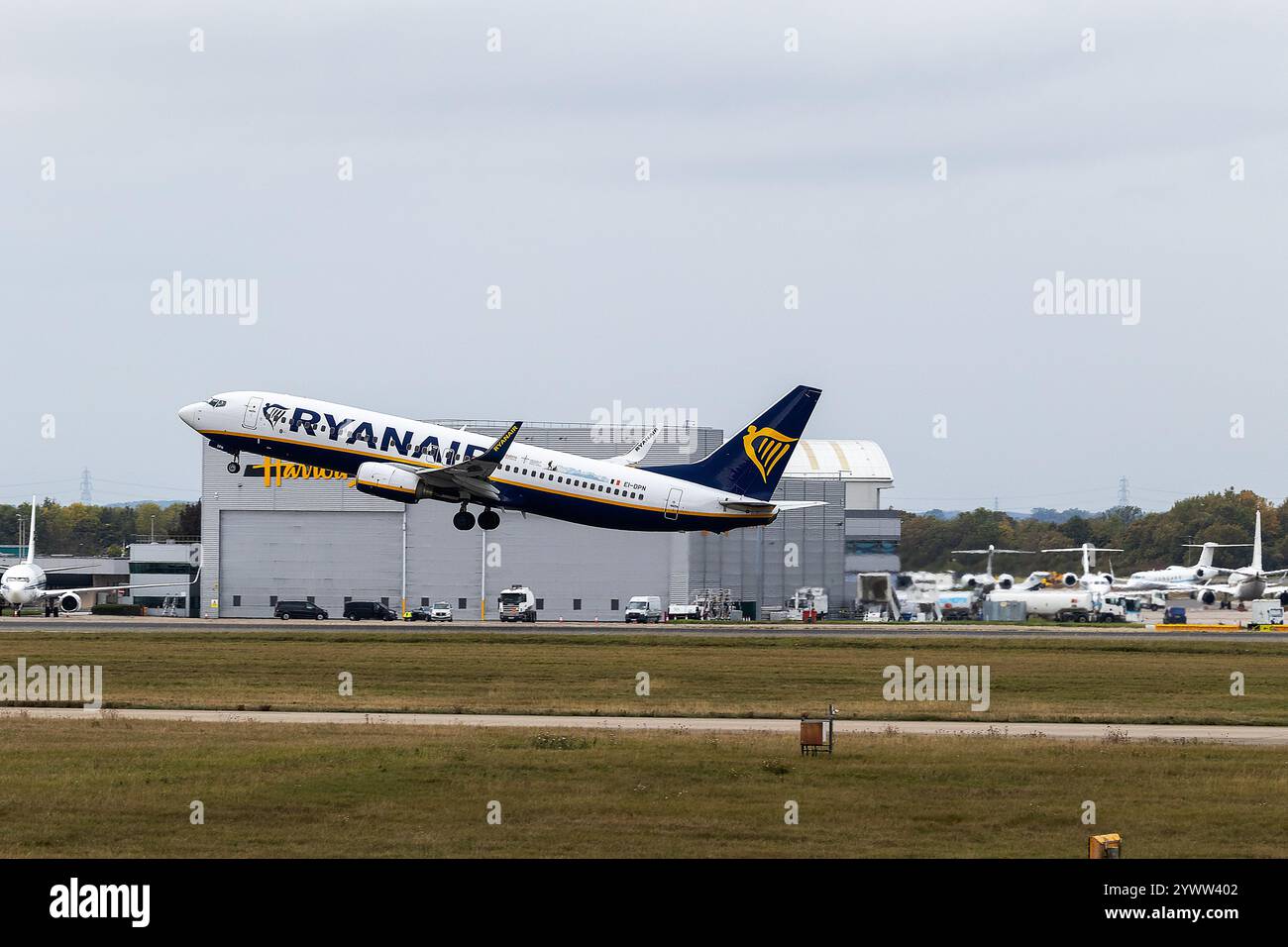 Ryanair Boeing 737 at London Stansted. Aircraft in white and blue ...
