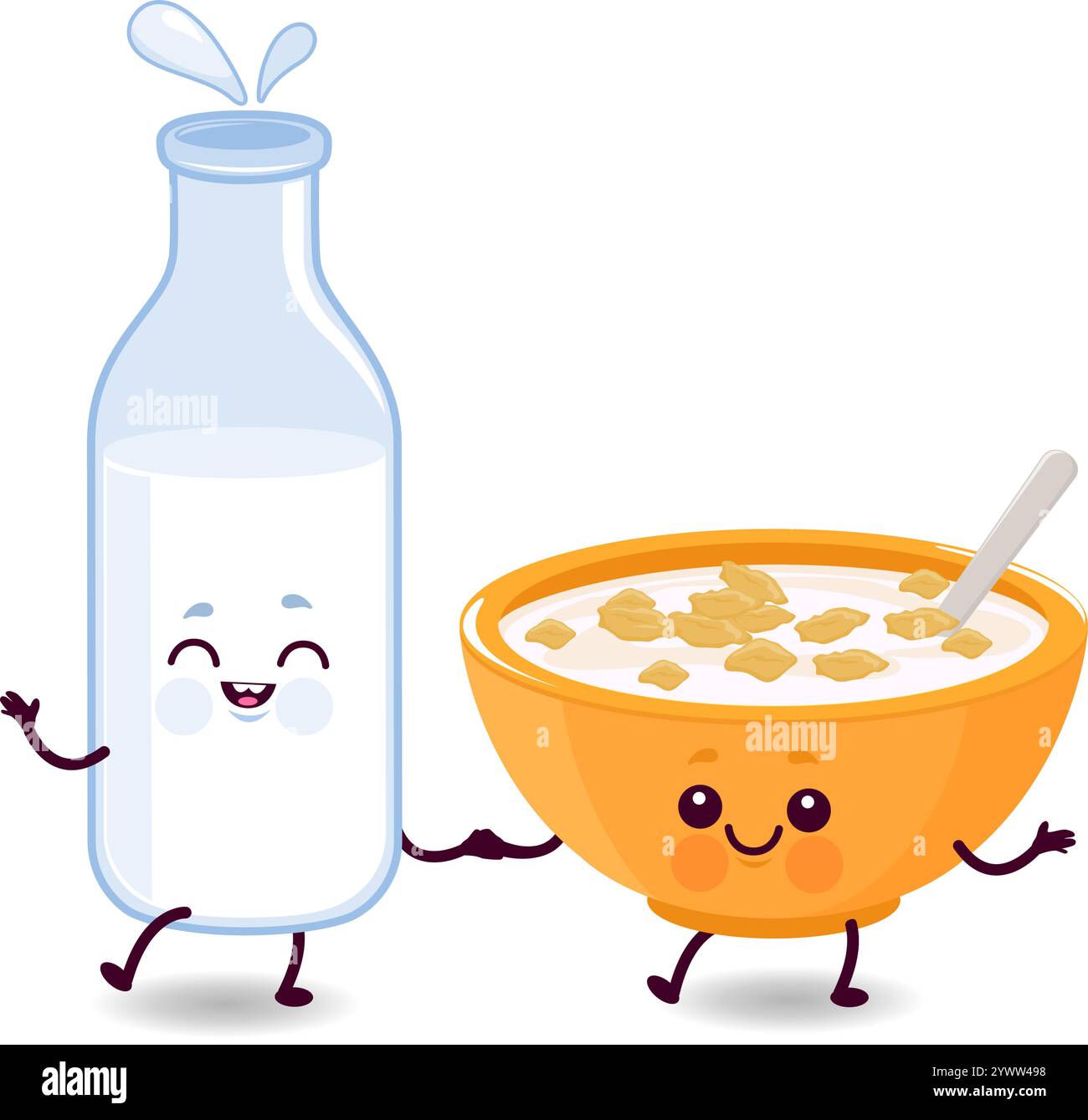 Cute cartoon healthy breakfast characters. Bottle of milk and bowl of ...