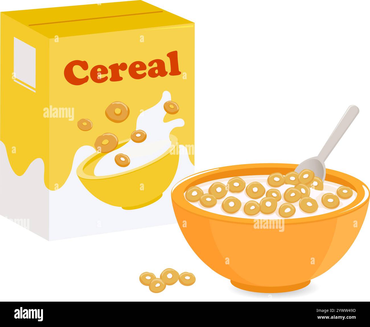 Box of cereal packaging and bowl of breakfast cereal and milk spilling ...