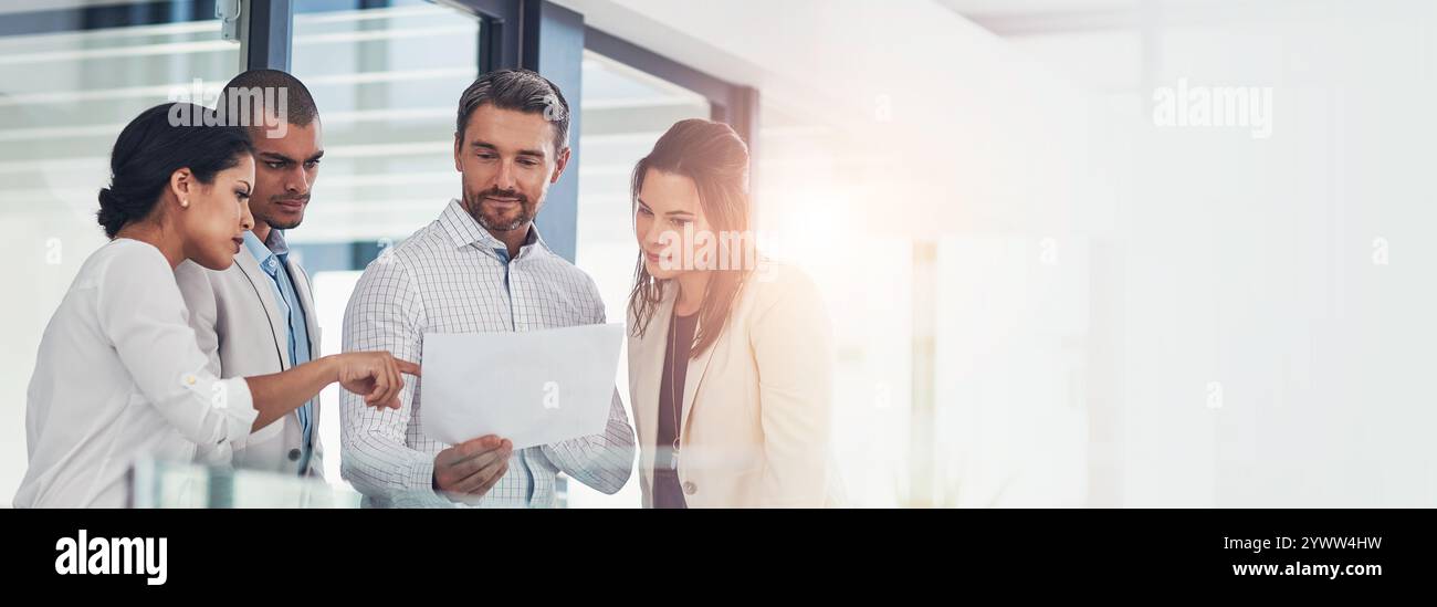 Banner, business people and document for discussion, collaboration and ...