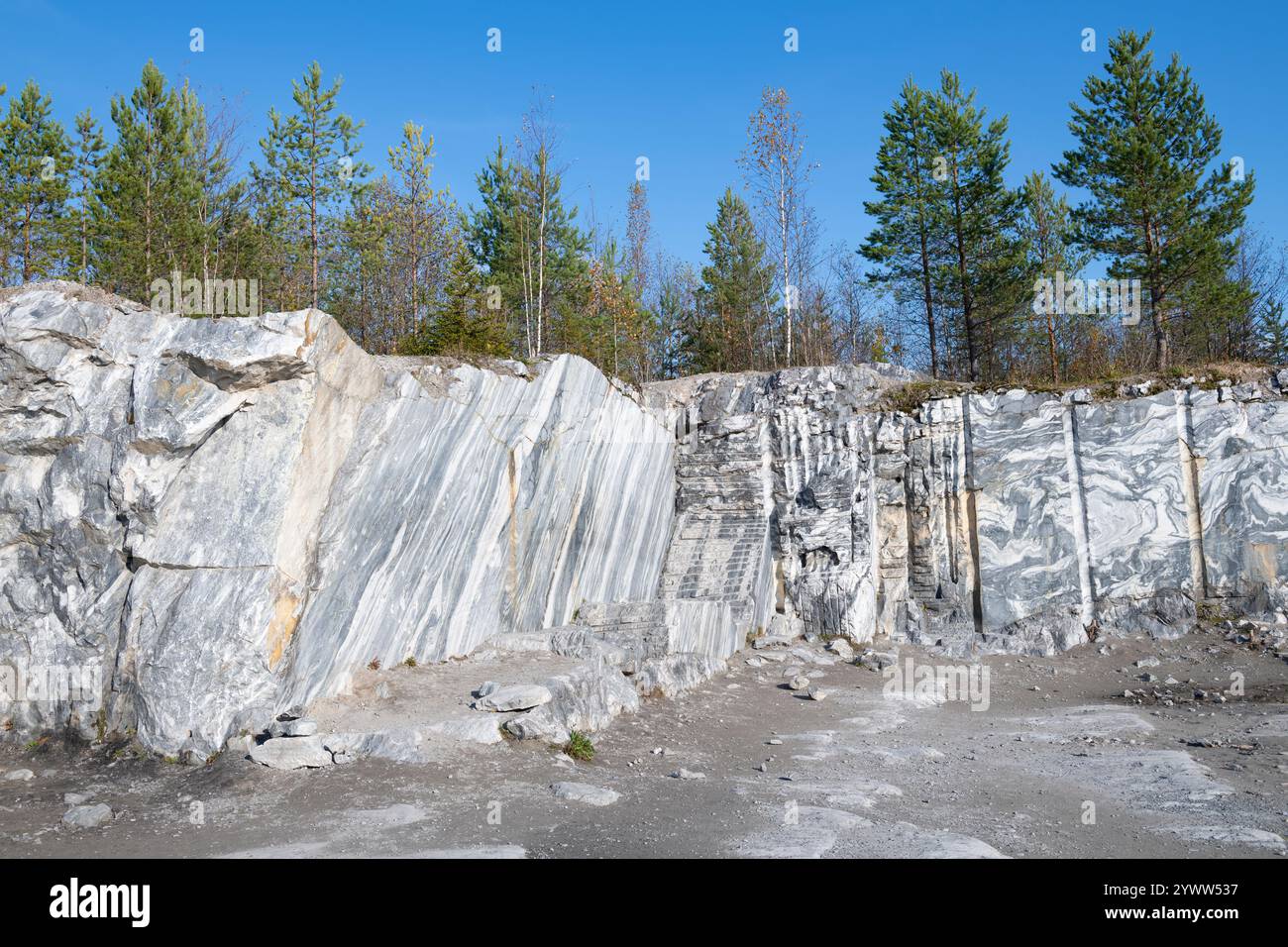 Sunny October day in an old marble quarry. Italian quarry, Ruskeala ...