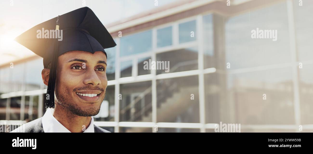 Graduation, smile and banner with man in college for success, education ...