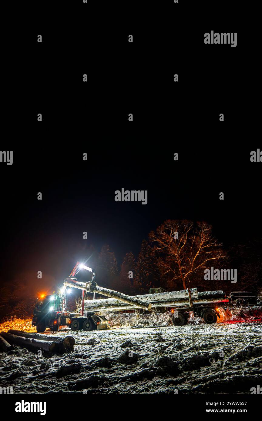 Loading wood onto a truck in the forest Stock Photo - Alamy
