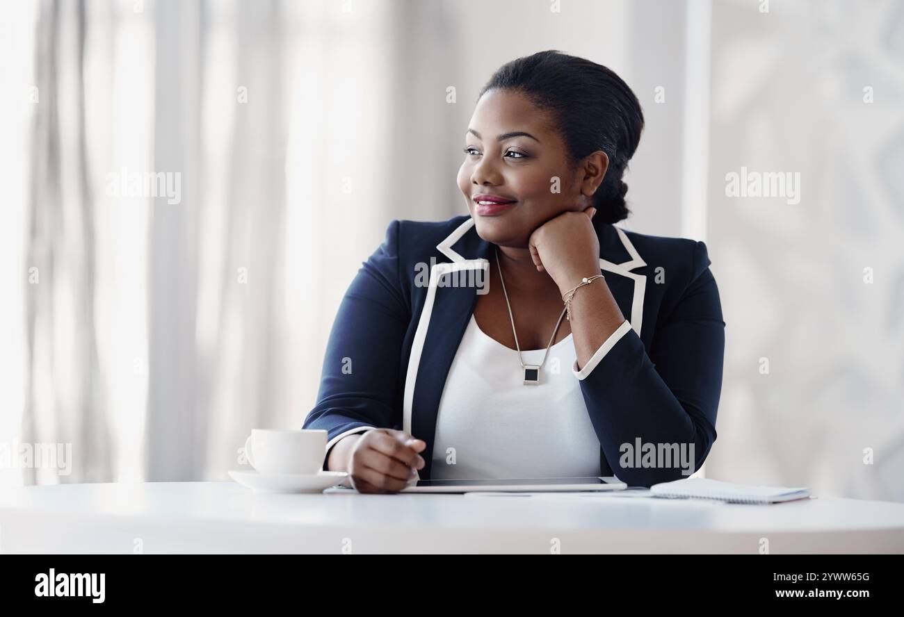 Black woman, plan and thinking in office, problem solving and banker ...