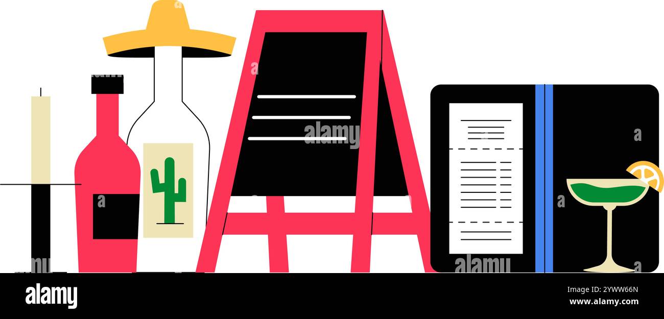Bar Setup With Menu And Drinks In Flat Vector Illustration Symbolizing