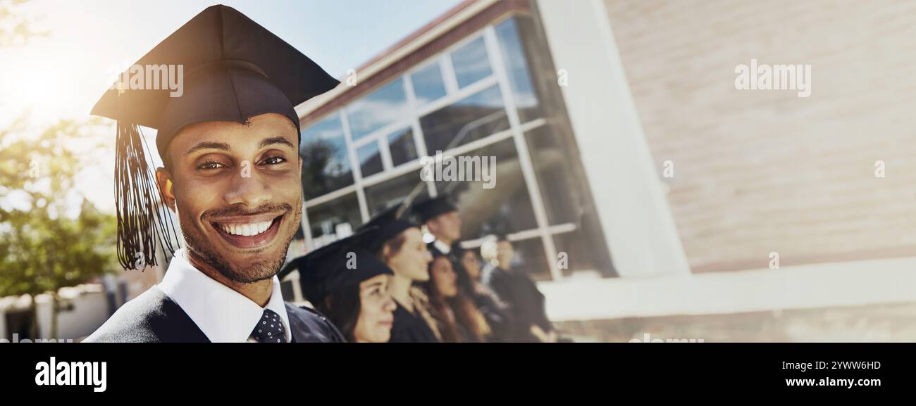 Portrait, happy man and graduation of student at college for education ...