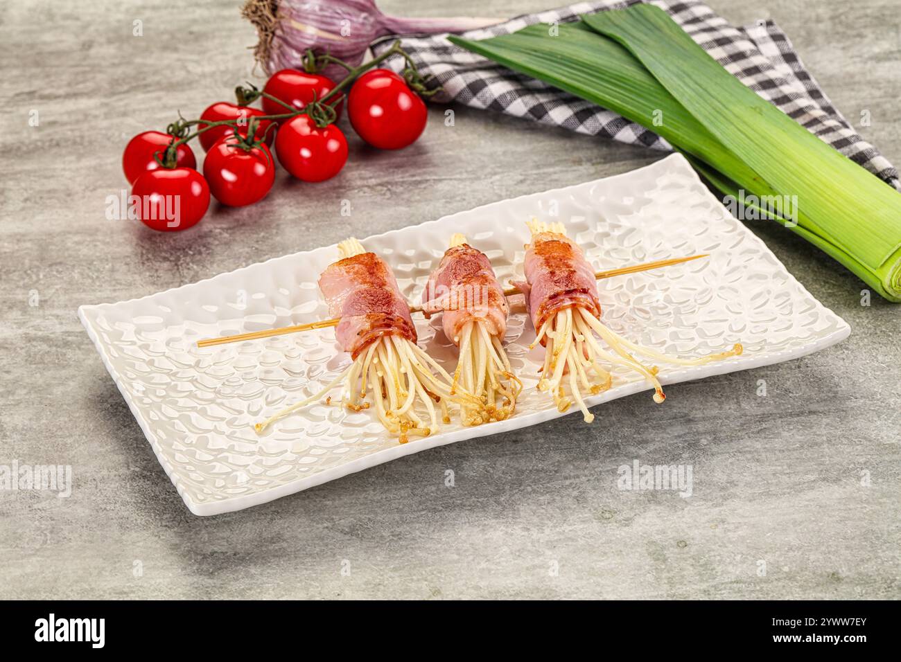 Grilled enoki mushroom with bacon roll wrap Stock Photo - Alamy