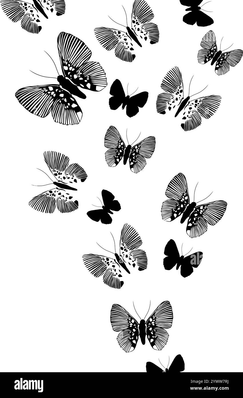 Monochrome butterflies flying. Hand drawing Line art. Not AI. Vector ...