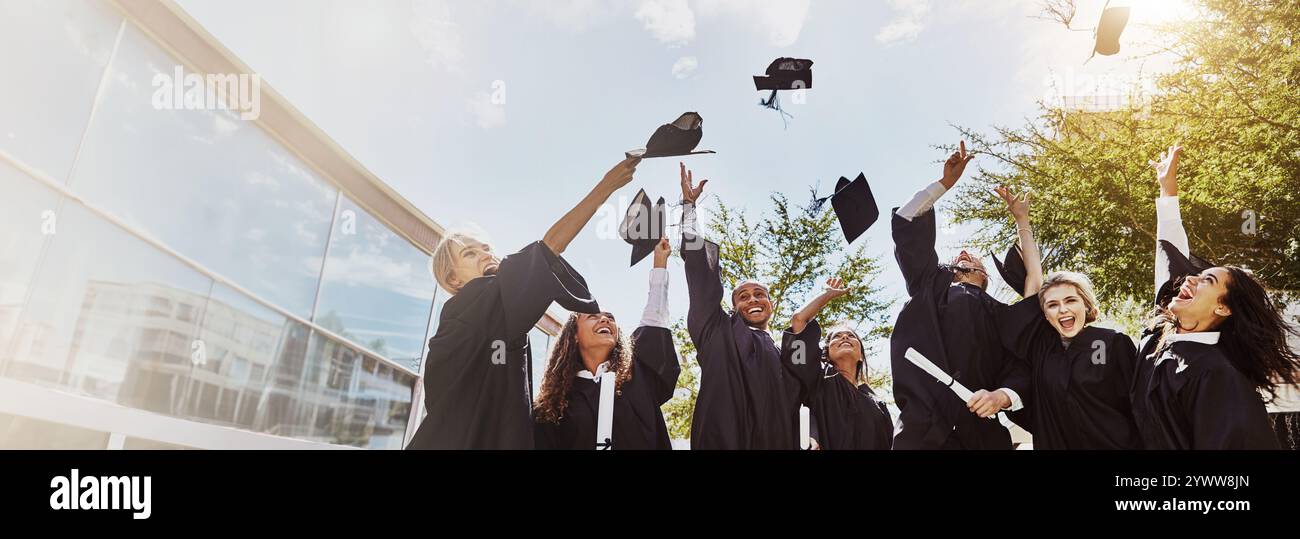 Graduation, banner and success with students in college for diploma ...