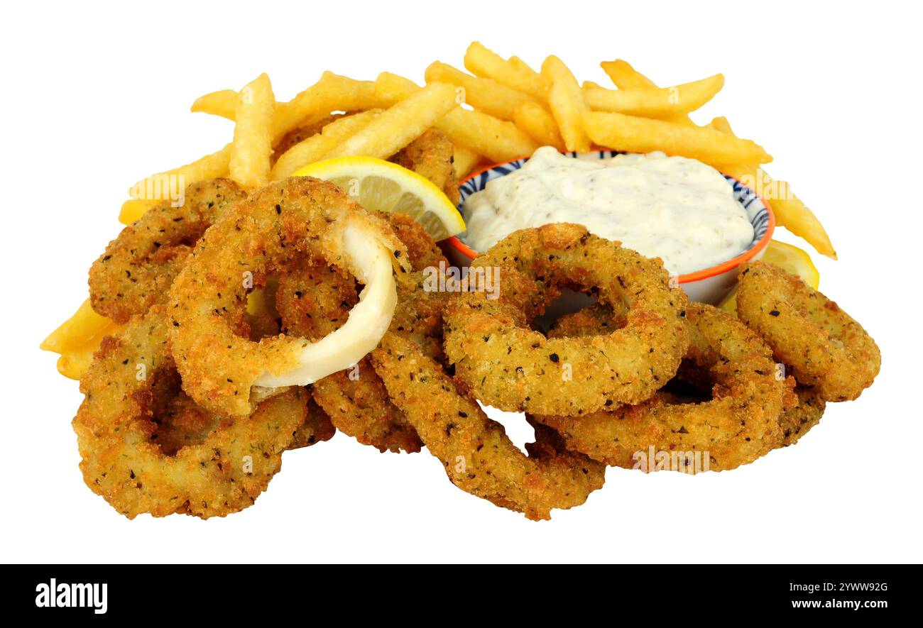 Breaded calamari squid rings with French fries and tartar dipping sauce ...