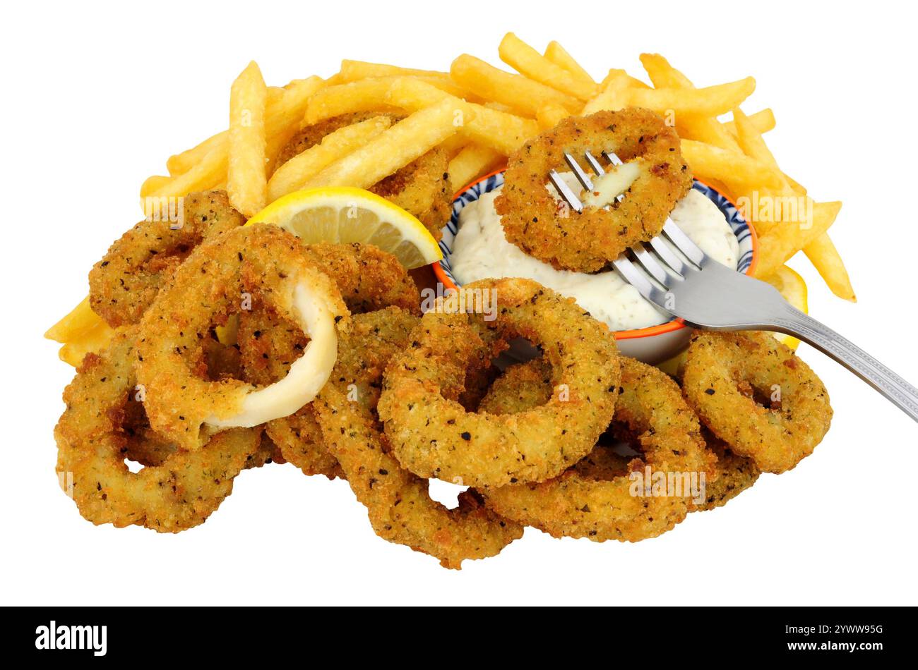 Breaded calamari squid rings with French fries and tartar dipping sauce ...