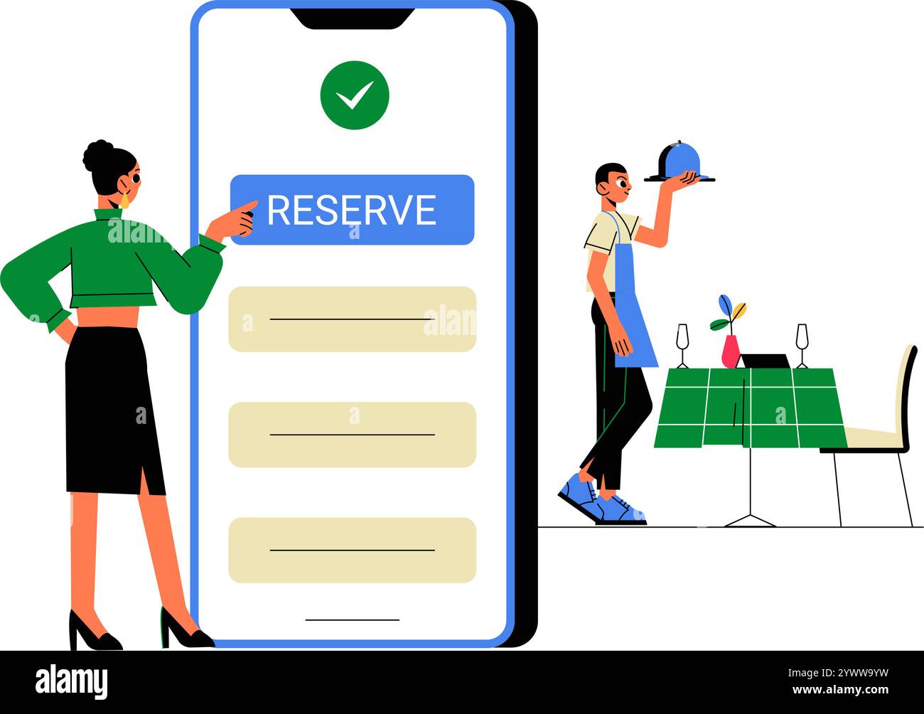Online Restaurant Reservation With Female User And Waiter In Flat ...