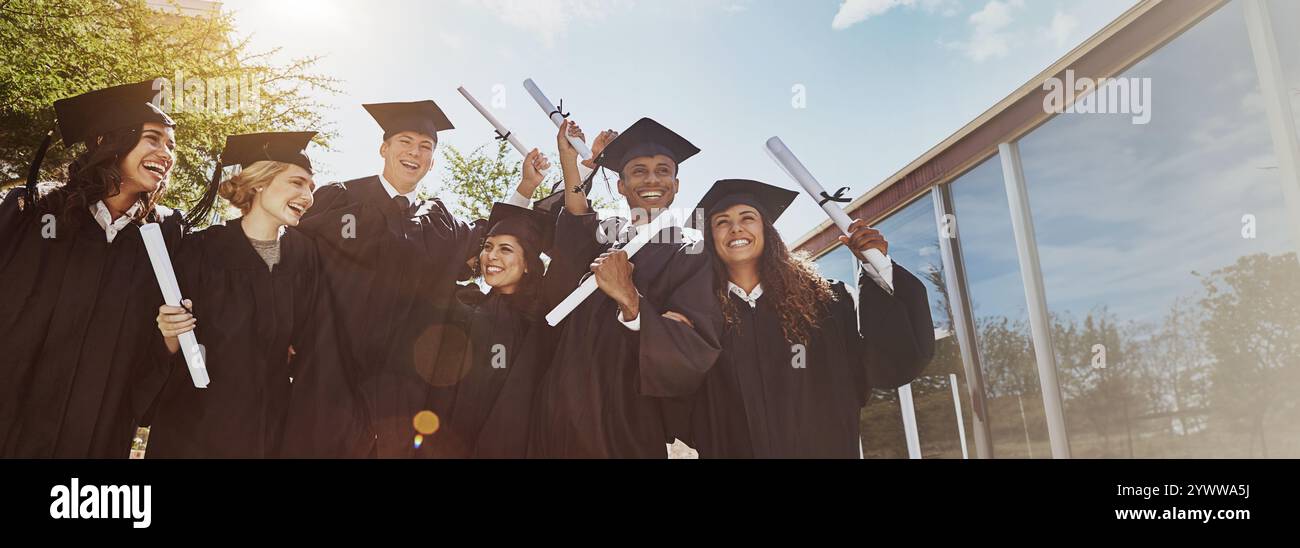 Friends, excited and graduation celebration with diploma for education ...