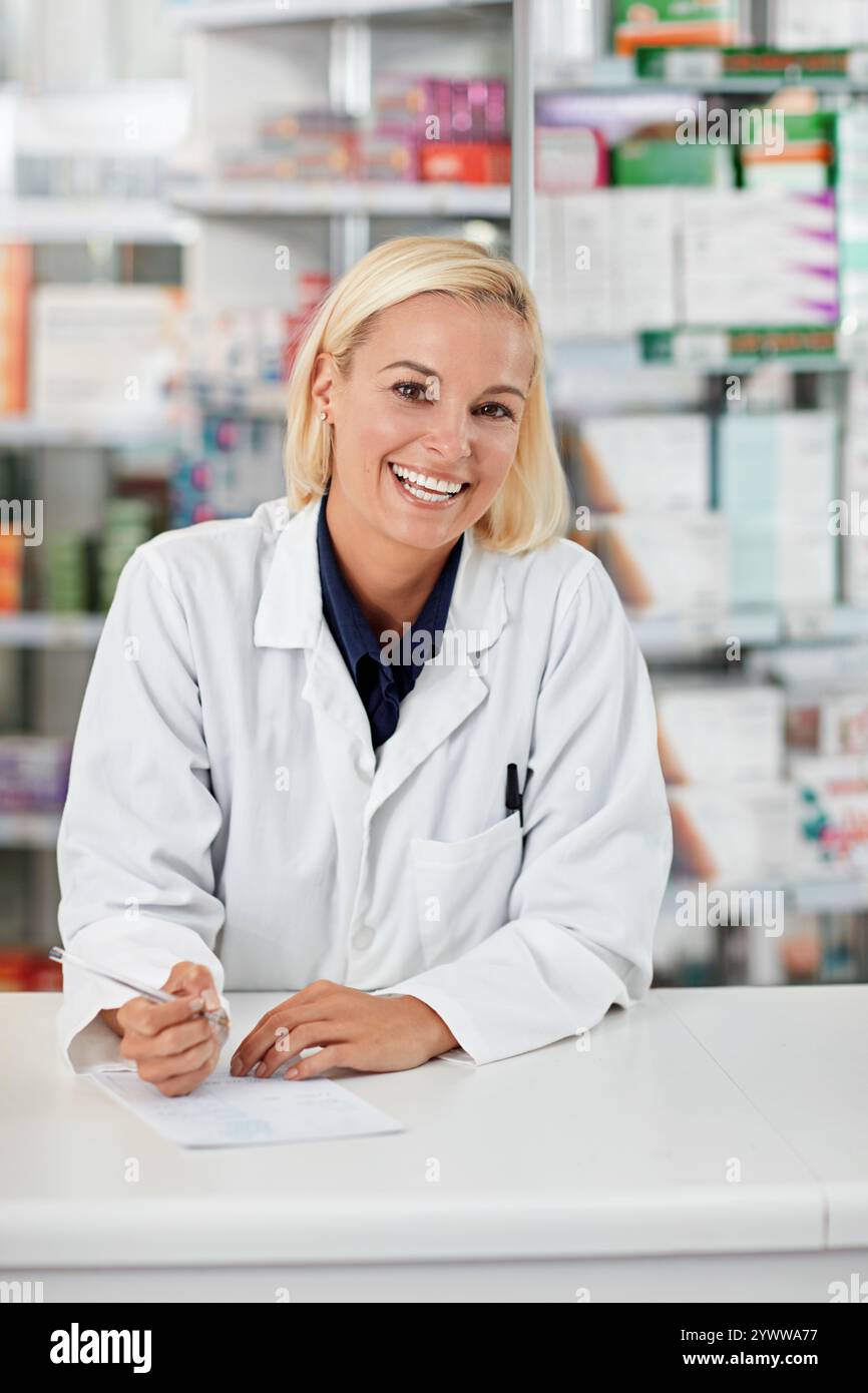 Smile, portrait and woman in pharmacy writing notes for healthcare ...