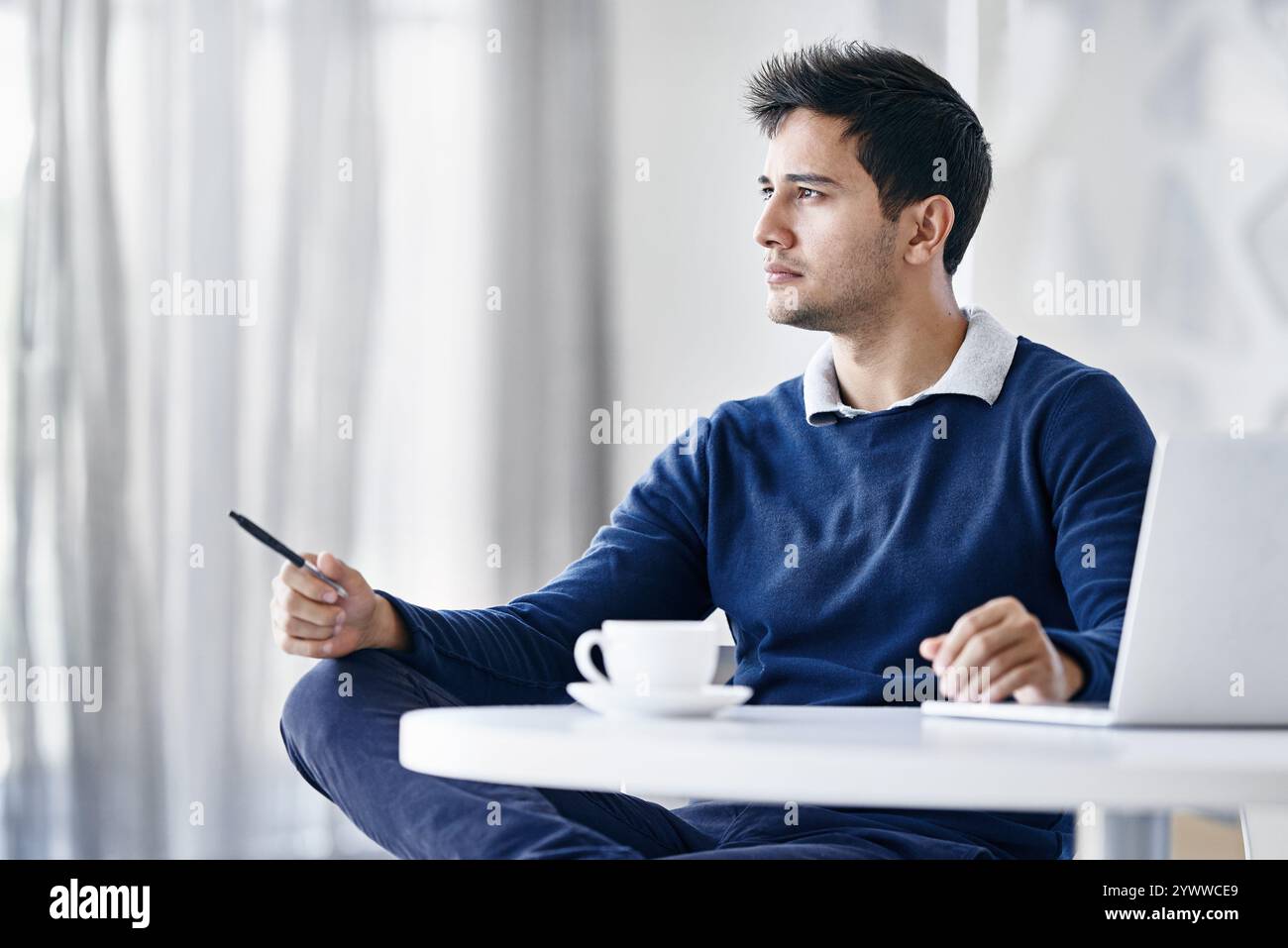 Man, news and thinking in office, problem solving and journalist for ...
