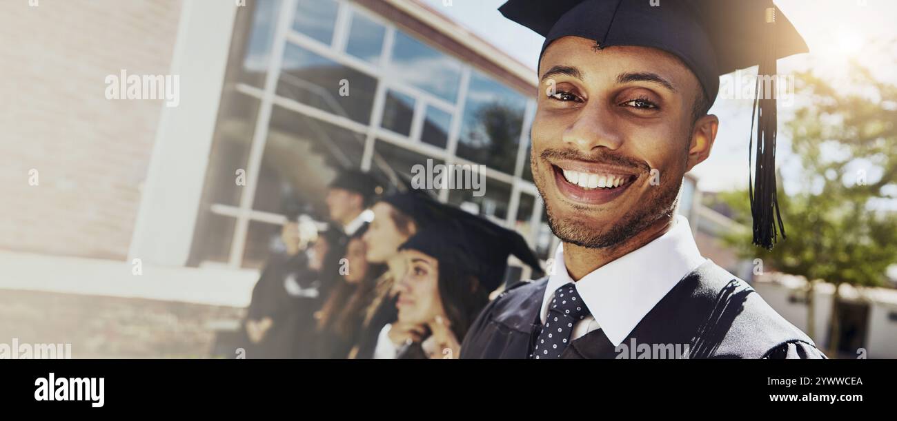 Portrait, happy man and graduation of student at university for ...