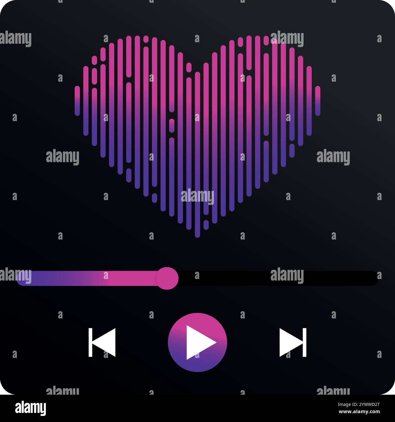 Music player interface with gradient colored sound wave heart emblem. Vector illustration Stock ...
