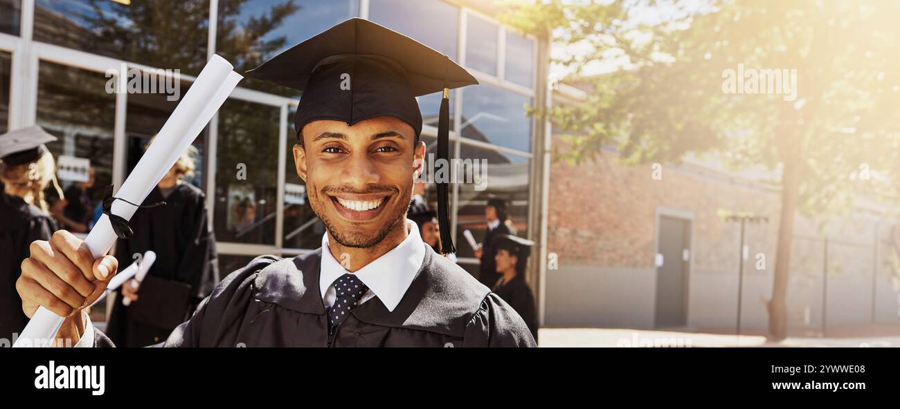 Portrait, happy man and celebrate graduation with diploma for education ...