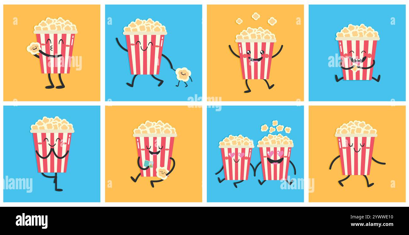 Cute cartoon popcorn characters set. Popcorn bucket mascot icon ...
