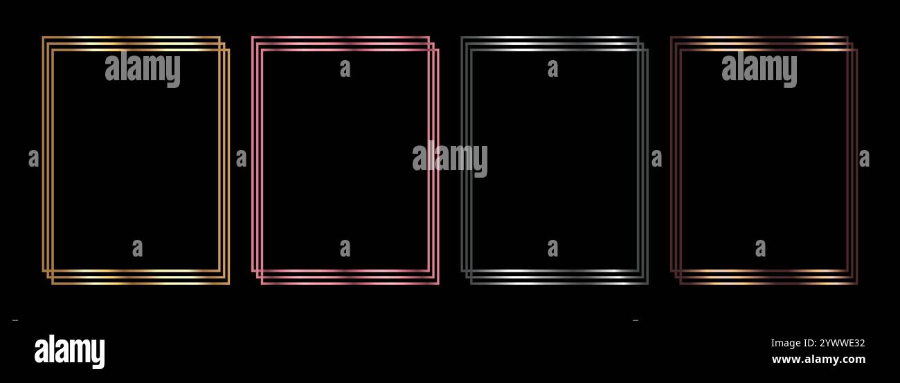 Set of minimalistic square frames in metallic colors. Golden, silver ...