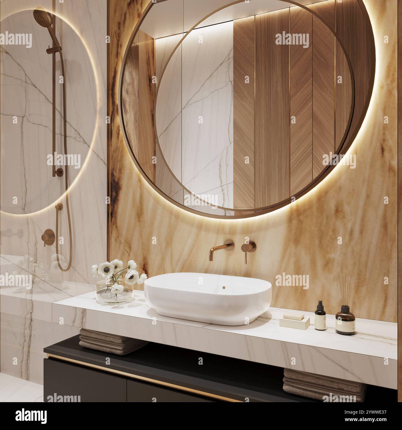 3D Visualization of a Luxury Bathroom in Light and Warm Tones Featuring Ebano and Domus White ...