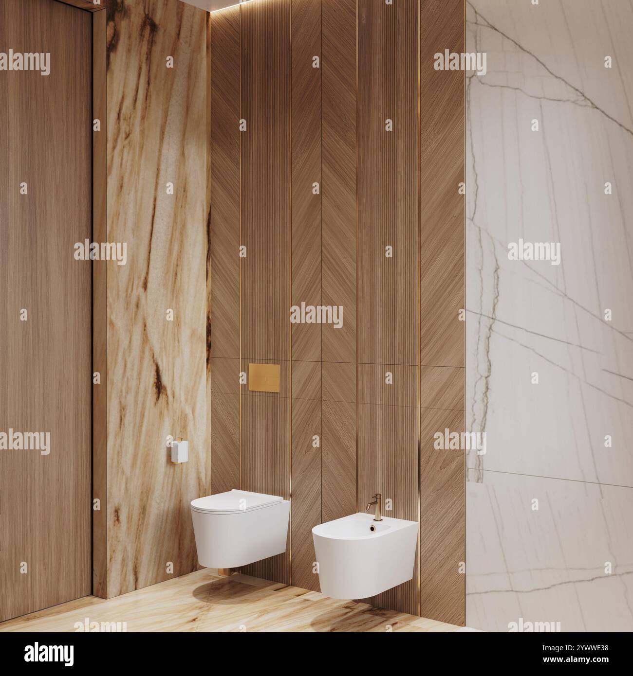 3D Visualization of a Luxury Bathroom in Light and Warm Tones Featuring Ebano and Domus White ...