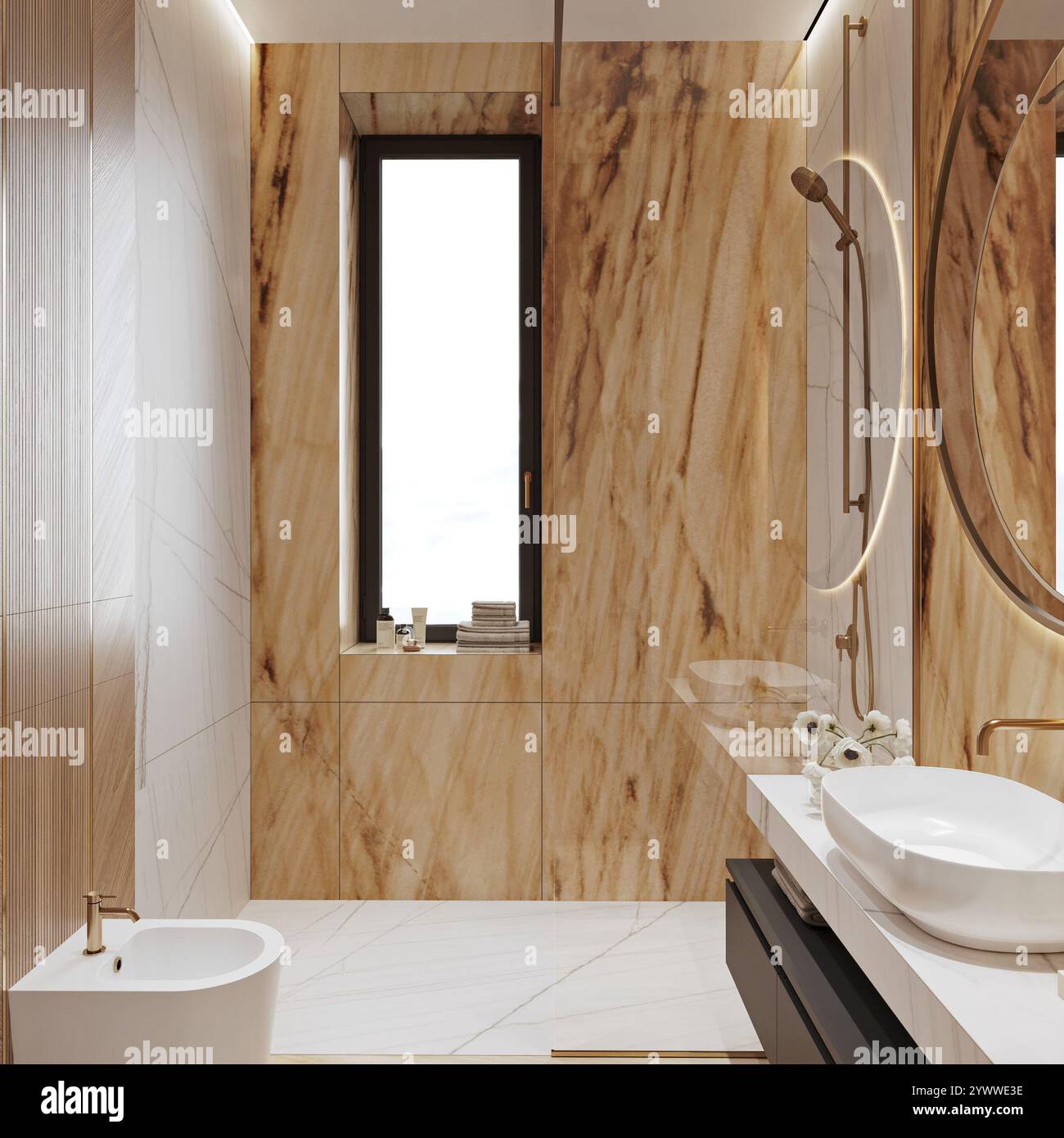 3D Visualization of a Luxury Bathroom in Light and Warm Tones Featuring Ebano and Domus White ...