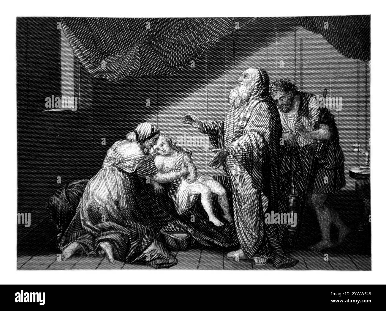 Steel Engraving of Elisha Raising the Son of the Shunamite (2 Kings 4: ...