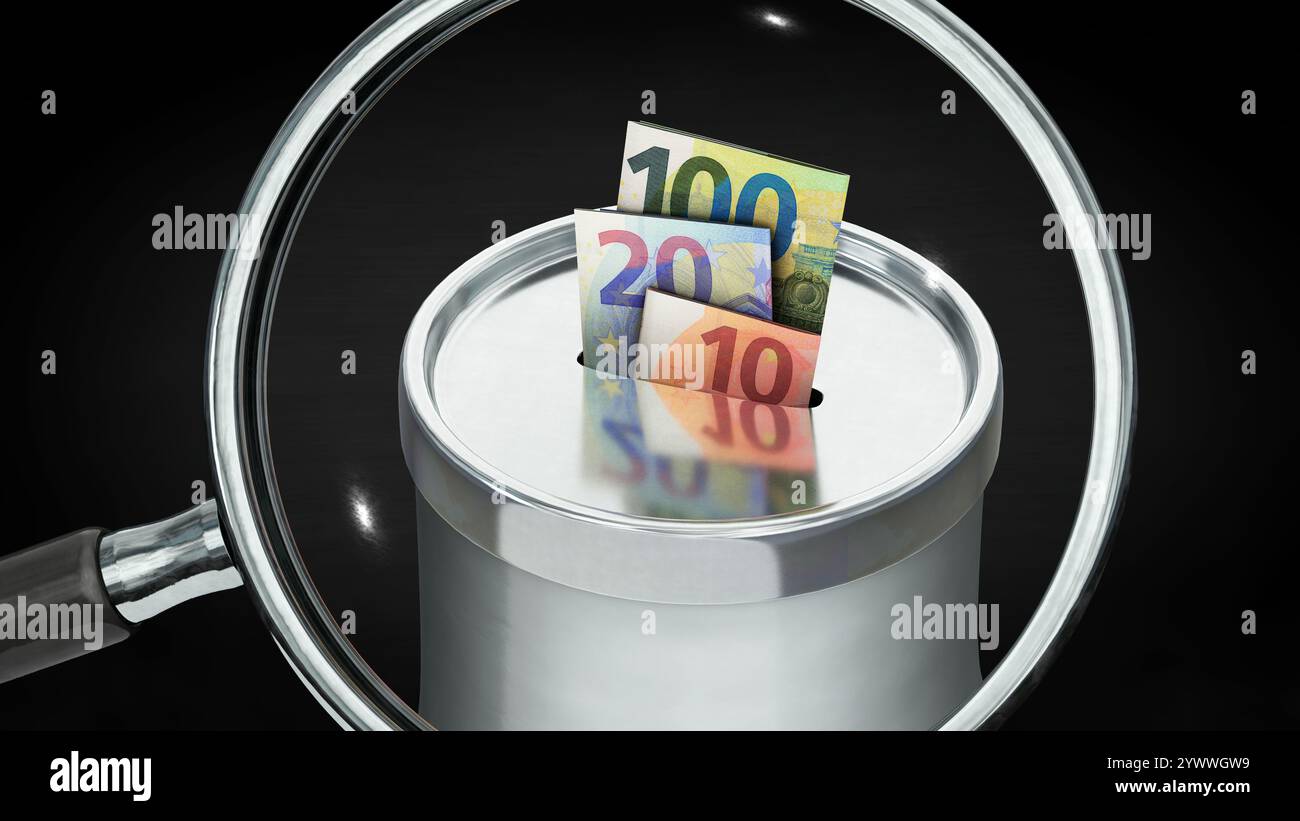 Magnifying glass over donation box with euro notes Stock Photo - Alamy