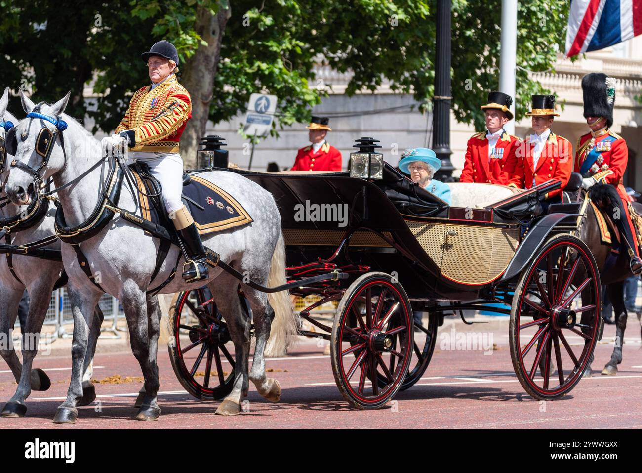 Queen Elizabeth II at Trooping the Colour 2018, alone in a horse drawn ...