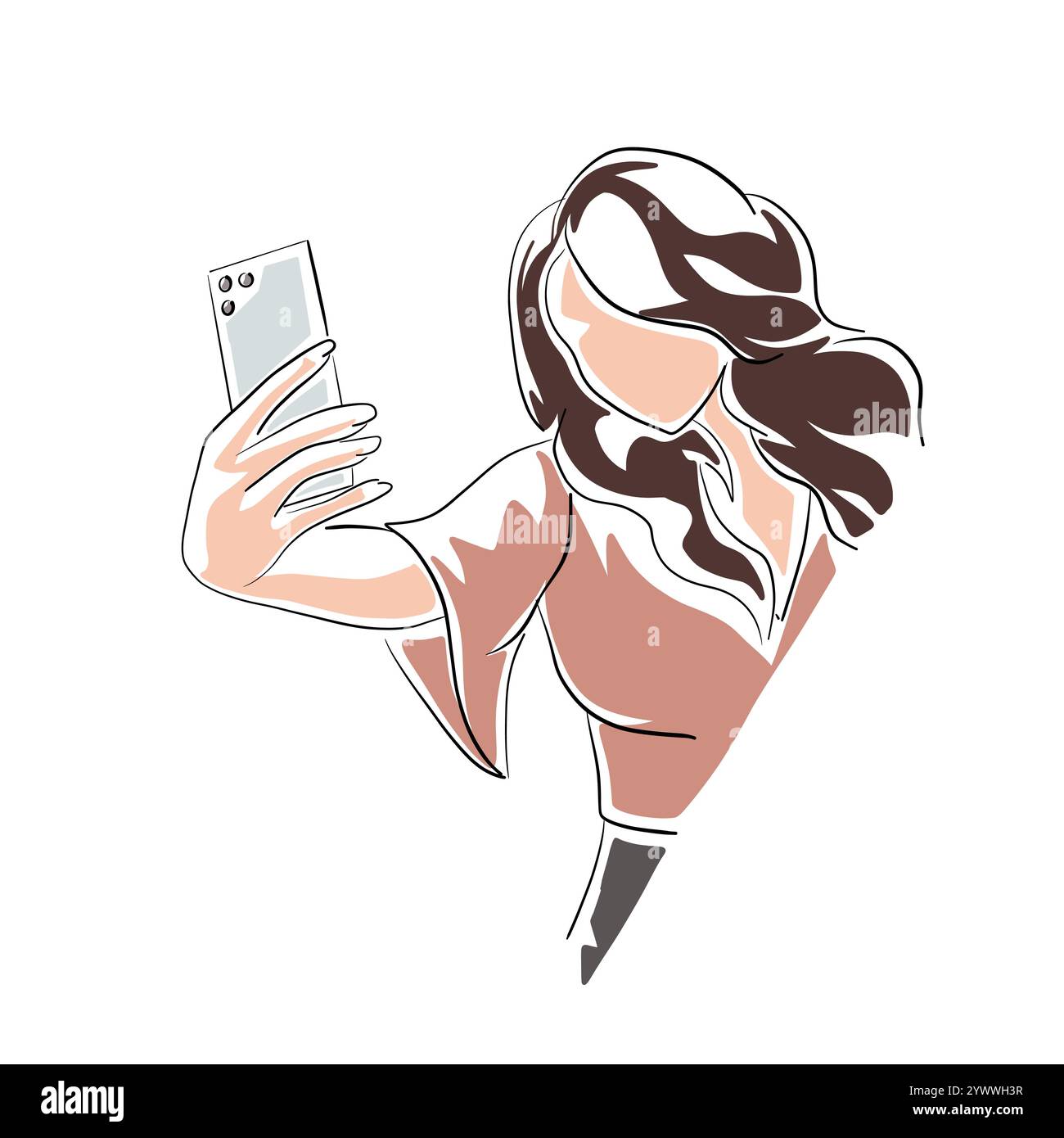 Woman takes a selfie with her mobile phone, isolated vector line art ...