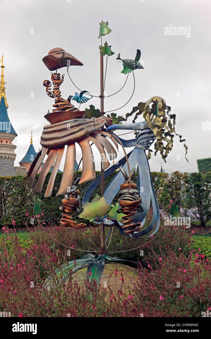 Close-up, of a colourful metal sculpture, depicting some of the ...