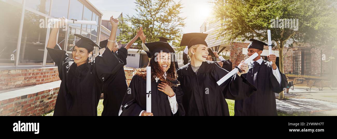 Graduation, banner and education with students in college for diploma ...