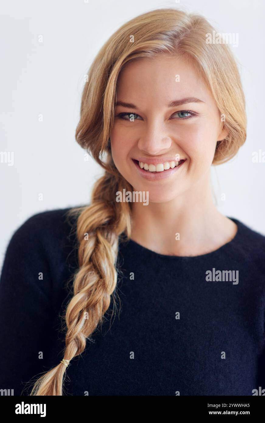 Haircare, portrait and woman with hairstyle, smile and health of hair ...