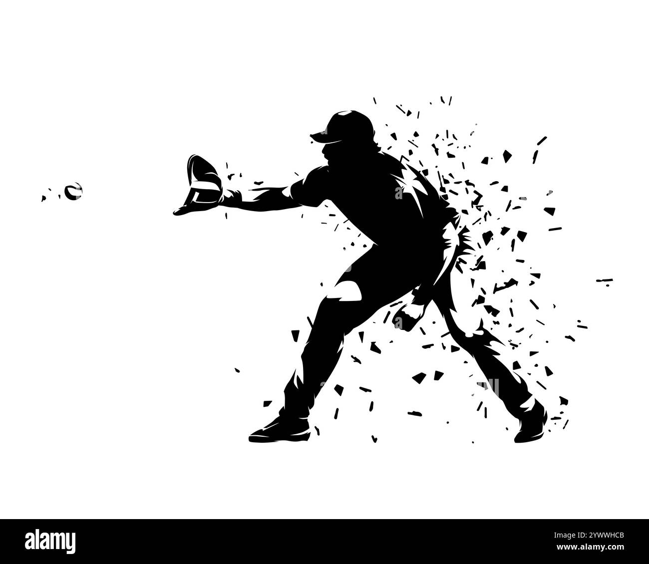 Baseball player catching ball, isolated vector silhouette, side view ...