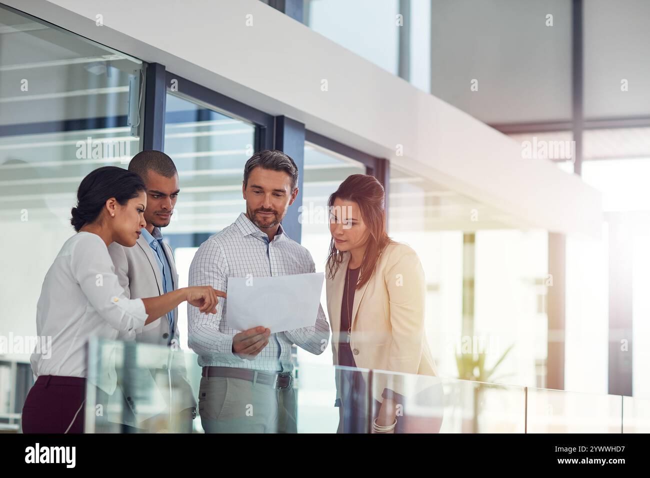 Discussion, business people and document for review, collaboration and ...