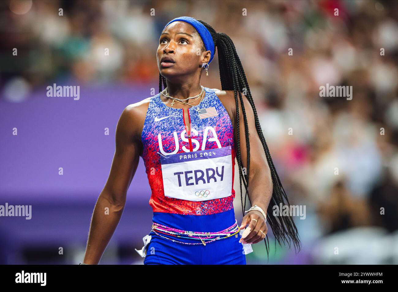Twanisha Terry participating in the 100 meters at the Paris 2024 ...
