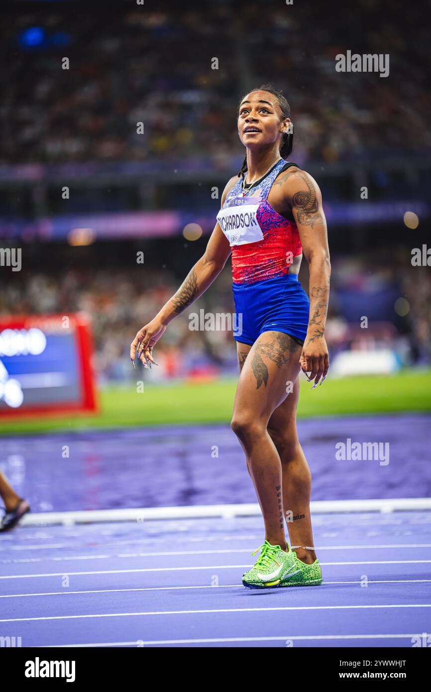 Sha'Carri Richardson participating in the 100 meters at the Paris 2024 ...
