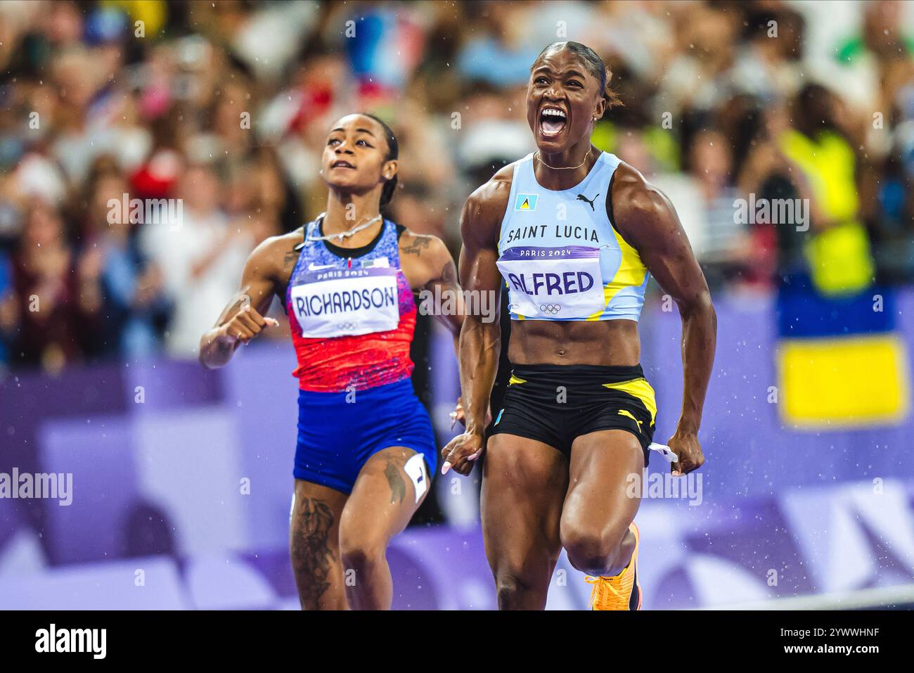Julien Alfred winning in the 100 meters at the Paris 2024 Olympic Games ...