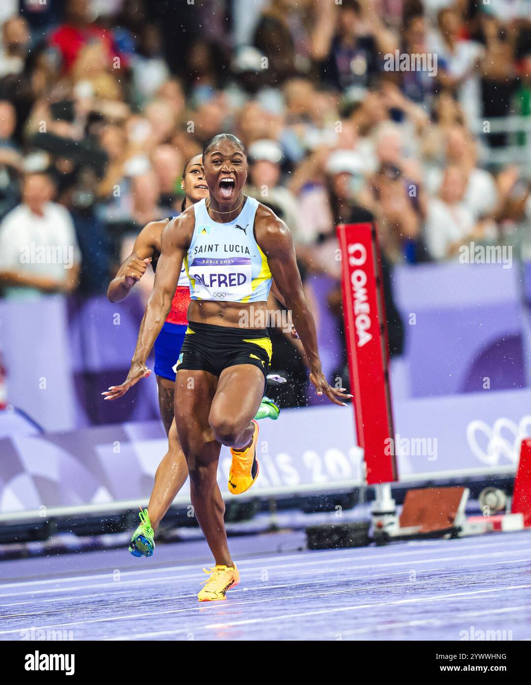 Julien Alfred winning in the 100 meters at the Paris 2024 Olympic Games ...