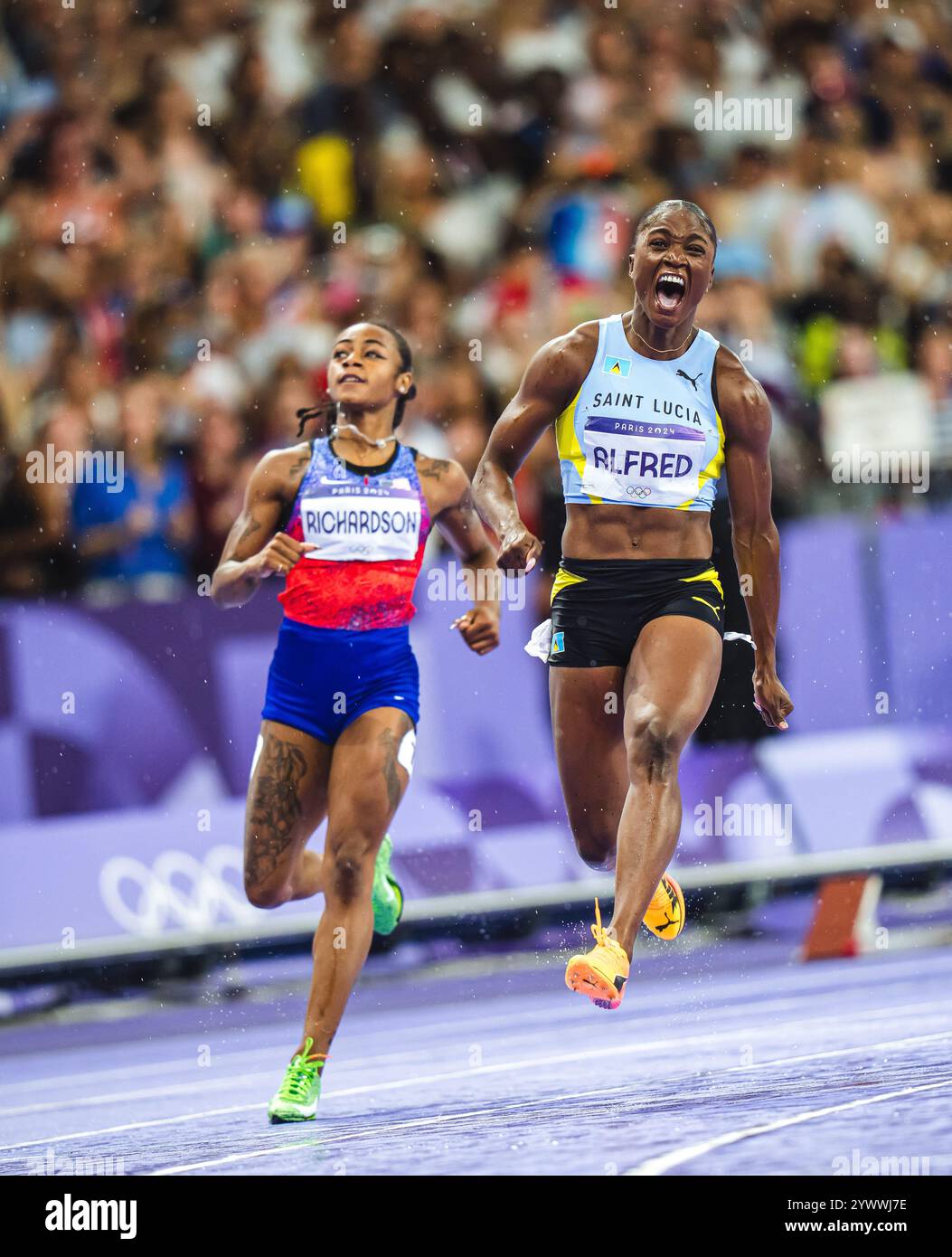 Julien Alfred winning in the 100 meters at the Paris 2024 Olympic Games ...