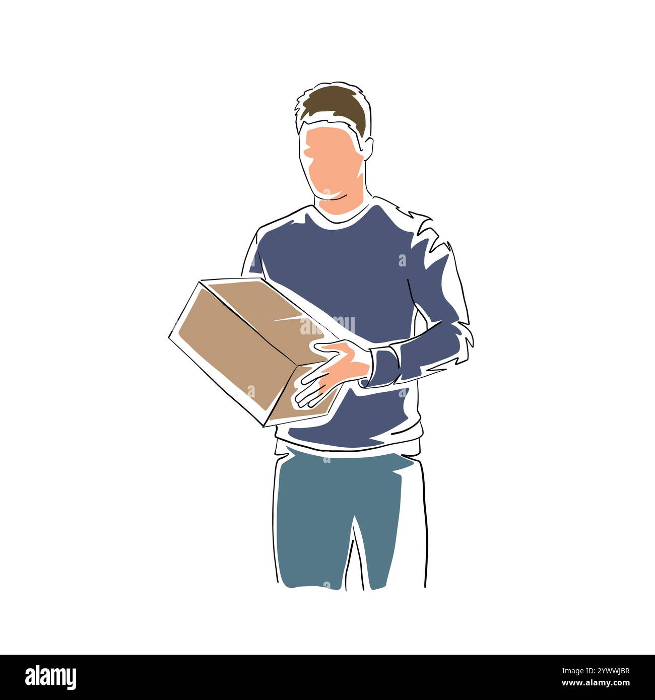 Delivery man holding cardboard box, courier, line art isolated vector ...
