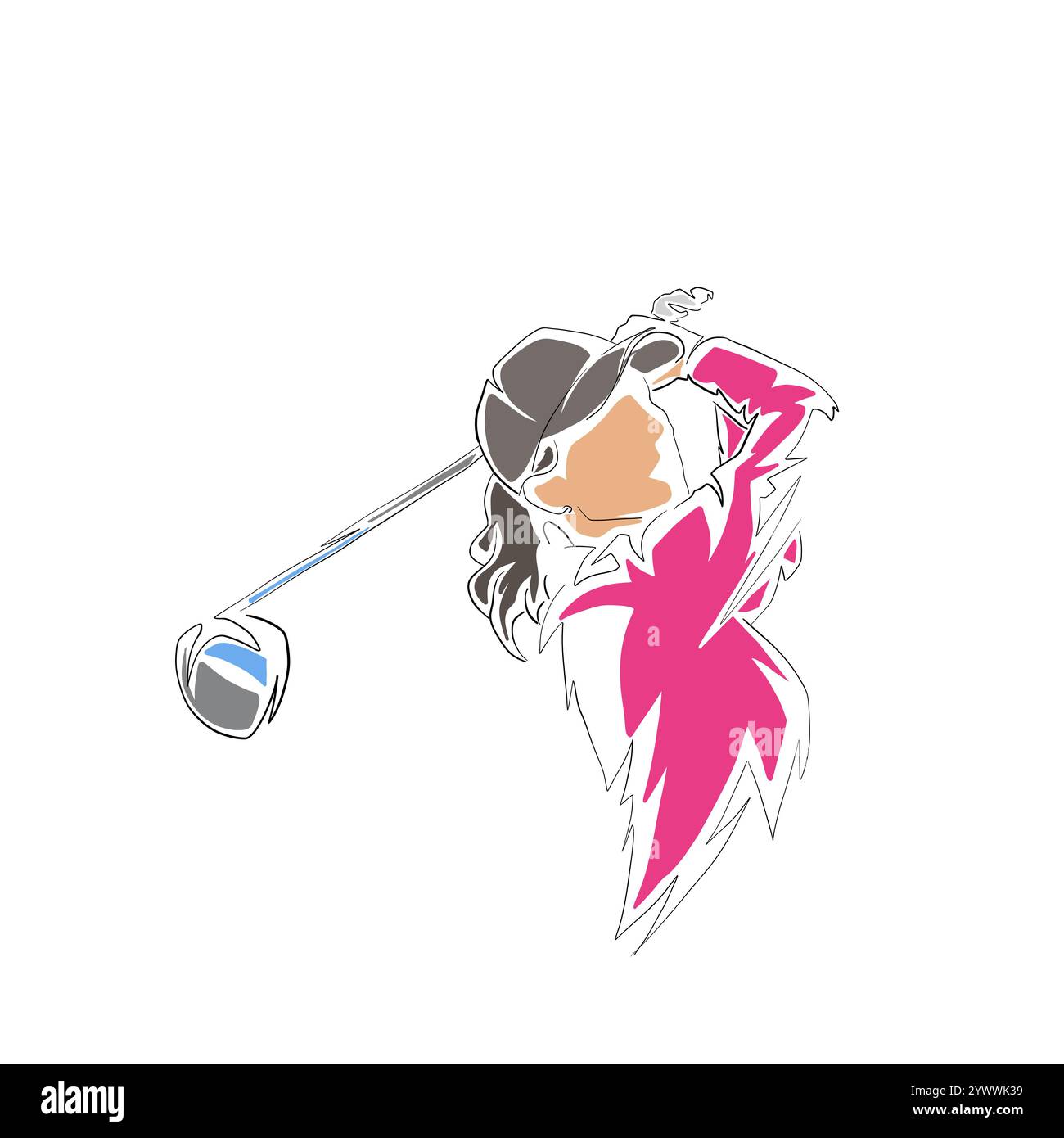 Woman playing golf, isolated vector drawing illustration. Waist up ...
