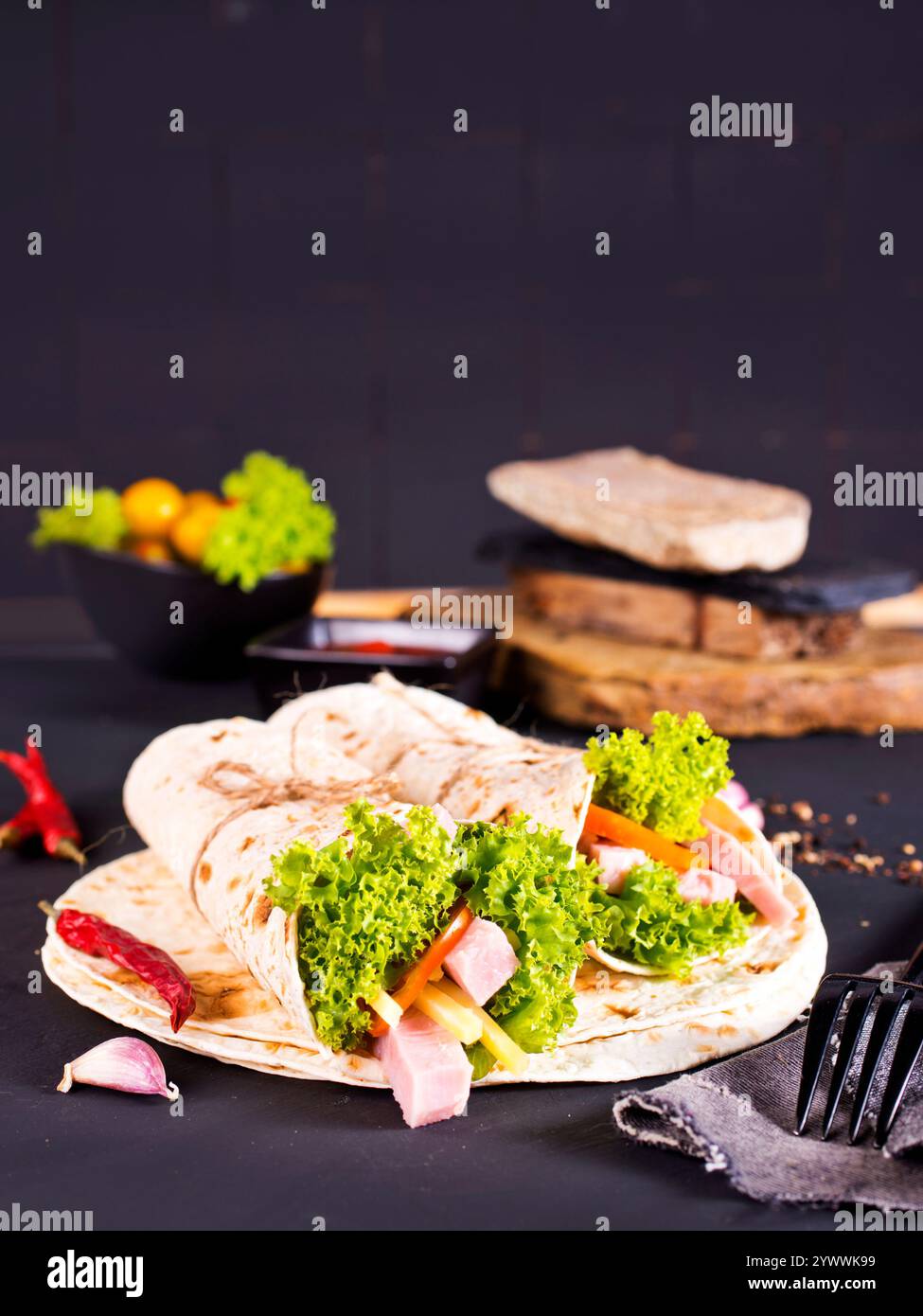 Traditional Middle Eastern snack. Fresh shawarma with ham, pork ...